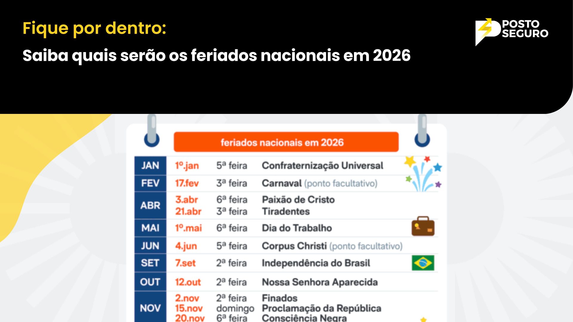 Saiba quais serão os feriados nacionais em 2026 - Posto Seguro